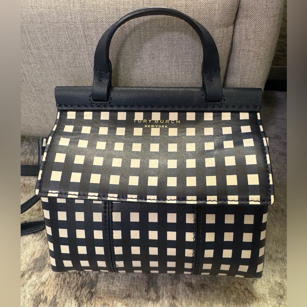 Tory Burch Block-T Mini Satchel Royal Navy Check Patt… - Gem